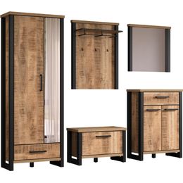 Garderoben-Set Home Affaire "Elda", schwarz (mango, schwarz), B:249cm H:195cm T:39cm, Floatglas, Holzwerkstoff, MDF, Metall, Kastenmöbel-Sets, Garderoben-Set: Schrank, Sitzbank, Paneel, Wandspiegel & Kommode