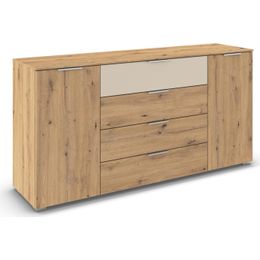 Kombikommode Rauch "Astana", eiche artisan, beige (champagner), B:160cm H:81cm T:42cm, Holzwerkstoff, Sideboards, 2-türig, 4 geräumige Schubladen, Kantengriff Alufarben MADE IN GERMANY