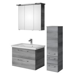 Badmöbel-Set SAPHIR "Badmöbel-Set Trentino 3-tlg Mineralmarmorwaschtisch,LED-Spiegelschrank", grau (graphit struktur quer nb), Kastenmöbel-Sets, Badezimmer-Set mit Midischrank inkl. Türdämpfer