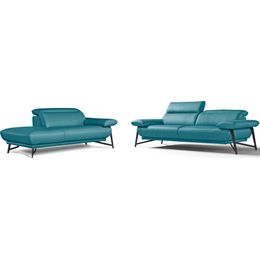 Sofa Egoitaliano "Anais, Design mit hohem Sitzkomfort, Fußfarbe schattengrau", blau (türkis), Sofas, Leder CAREZZA, Ottomane Armlehne rechts, Set, Kopfteil verstellbar, Leder CAREZZA, türkis