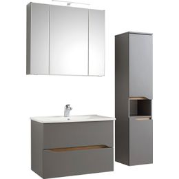 Badmöbel-Set SAPHIR "Quickset 3-teilig, Keramikwaschtisch mit LED-Spiegelschrank", grau (quarzgrau matt, akzent riviera eiche quer nb), Kastenmöbel-Sets, Midischrank, inkl. Türdämpfer, 2 Schubladen, 5 Türen, 8 Einlegeböden