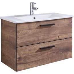 Badmöbel-Set SAPHIR "Quickset 374 Keramik-Waschtisch mit Unterschrank, 75 cm breit", braun (eiche ribbeck quer nachbildung), B:75cm H:53cm T:45cm, Spanplatte, Kastenmöbel-Sets, Waschplatz mit 2 Schubladen, Eiche Ribbeck quer Nachbildung