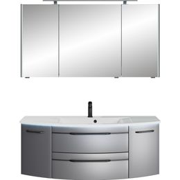 Badmöbel-Set SAPHIR "Serie 7045 2-teilig Mineralmarmor-Waschtisch mit LED-Spiegelschrank", grau (stahlgrau metallic), B:133,2cm H:200cm T:49,8cm, Spanplatte, Kastenmöbel-Sets, Badezimmer-Set 133,2 cm breit, inkl. Türdämpfer, 5 Türen, 2 Schubladen