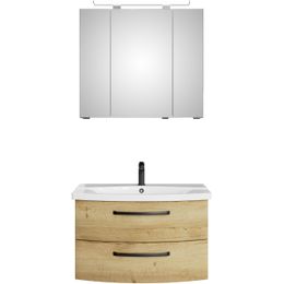 Badmöbel-Set SAPHIR "Serie 4010 2-teilig Keramik-Waschtisch mit LED-Spiegelschrank", braun (halifax eiche quer nachbildung), B:84cm H:200cm T:45cm, Spanplatte, Kastenmöbel-Sets, Badezimmer Set 84 cm breit, inkl. Türdämpfer, 3 Türen, 2 Schubladen