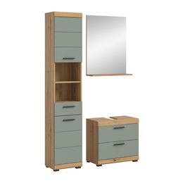 Badmöbel-Set Inosign "Siena, 3 teilig, bestehend aus:", grün (artisan eiche nb, salbei nb), B:112cm H:191cm T:34cm, Holzwerkstoff, MDF, Kastenmöbel-Sets, Hochschrank, Waschbeckenunterschrank, Spiegel