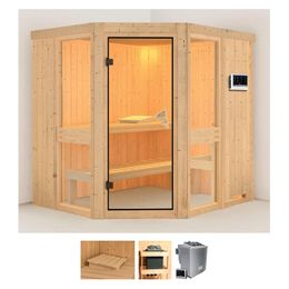 Sauna Karibu "Aline 1", beige (naturbelassen), Bio-Kombiofen, externe Steuerung, 9 kW, Saunen, Ofen 9 kW Bio externe Strg easy