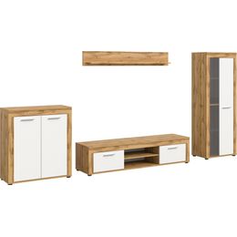 Wohnwand Inosign "Aosta, Breite 330cm, best. aus Highboard, Lowboard, Wandboard, Vitrine", weiß (wotan eiche nachbildung, weiß), B:330cm H:159cm T:35cm, Holzwerkstoff, Kastenmöbel-Sets, Wohnwand, Kombination, Anbauwand, Möbel Set, Schrankwand, Möbel Kombi