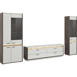 Wohnwand Inosign "Treviso, Breite 350 cm, bestehend aus: 2x Vitrine und 1x Lowboard", grau (nox oak dunkel, hellgrau nachbildung), B:350cm H:198cm T:43cm, Spanplatte, Kastenmöbel-Sets, Kombination, Wohnkombination, Mediawand, TV-Wand