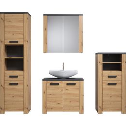 Badezimmer-Set Welltime "Ambres", braun (artisan eiche melamin, matera melamin), B:215cm H:196cm T:35cm, Holzwerkstoff, Kastenmöbel-Sets, Komplettset: Hochschrank, Spiegelschrank, Kommode & Standschrank
