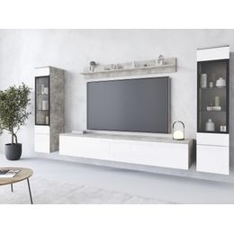 Wohnwand Inosign "VERA II", beige (beton smart, weiß hochglanz), B:260cm H:130cm T:33cm, Kastenmöbel-Sets, Mediawand 260 cm, Vitrine mit Verglasung, stehend und hängend