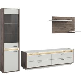 Wohnwand Inosign "Treviso, Breite 268 cm, bestehend aus: 1x Vitrine, 1x Lowboard und", grau (nox oak dunkel, hellgrau nachbildung), B:268cm H:198cm T:43cm, Spanplatte, Kastenmöbel-Sets, 1x Wandboard, Kombination, Wohnkombination, Mediawand, TV-Wand