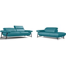 Sofa Egoitaliano "Anais, Design mit hohem Sitzkomfort, Fußfarbe schattengrau", blau (türkis), Sofas, Leder CAREZZA, Ottomane Armlehne links, Set, Kopfteil verstellbar, Leder CAREZZA, türkis