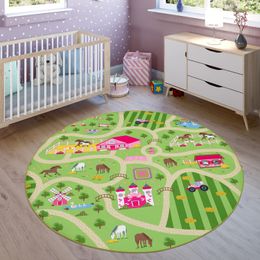 Kinderteppich Paco Home "Bino 560", grün, H:4mm Ø:160cm, Polyester, Teppiche, Kurzflor, Straßen-Spiel-Teppich, Motiv Bauernhof, Kinderzimmer