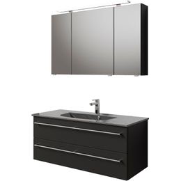Badmöbel-Set SAPHIR "Serie 6025 2-teilig Mineralmarmor-Waschtisch mit LED-Spiegelschrank", schwarz (schwarz matt select), B:117cm H:200cm T:48cm, Spanplatte, Kastenmöbel-Sets, Waschplatz 117cm breit, 2 Schubladen, 3 Spiegel-Türen, inkl Türdämpfer