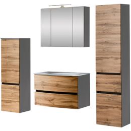 Badezimmer-Set Welltime "Kaunas", grau (wotaneiche, grau), B:160cm H:200cm T:49cm, Kastenmöbel-Sets, Waschtisch-Set mit Midischrank und Seitenschrank, Breite 160 cm