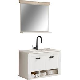 Badm&ouml;bel-Set Home Affaire "Florenz, Bad im Landhausstil, 2-teiliges Badezimmer", wei&szlig; (pinie wei&szlig; dekor), Kastenm&ouml;bel-Sets, Badm&ouml;bel-Set, H&auml;nge-Waschtisch und Spiegel mit Ablage, in Pinie Wei&szlig;, Stauraum