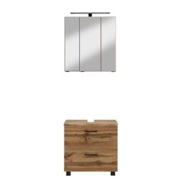 Badm&ouml;bel-Set Welltime ""Trento", Badezimmer-Set, Waschbeckenunterschrank, Spiegelschrank", braun (wotaneiche, wotaneiche), B:60cm H:200cm T:35cm, Holzwerkstoff, MDF, Kastenm&ouml;bel-Sets, Badm&ouml;bel-Set, inkl. LED Aufbauleuchtung Schalter/Steckdose, M&ouml;bel Made in Germany