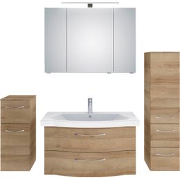 Badmöbel-Set SAPHIR "6005 Sprint 4-teilig, Keramik-Waschtisch mit LED-Spiegelschrank", braun (riviera eiche quer nachbildung), B:158cm H:200cm T:51,5cm, Spanplatte, Kastenmöbel-Sets, Badmöbel-Set, Unterschrank, Midischrank, inkl. Türdämpfer, 5 Türen, 5 Schubladen