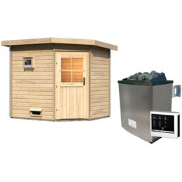 Saunahaus Karibu "Tore", beige (naturbelassen), Saunaofen, externe Steuerung, 9 kW, Saunen, Ofen 9 KW externe Strg easy