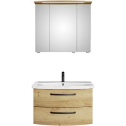 Badmöbel-Set SAPHIR "Serie 4010 2-teilig Keramik-Waschtisch mit LED-Spiegelschrank", braun (halifax eiche quer nachbildung), B:84cm H:200cm T:45cm, Spanplatte, Kastenmöbel-Sets, Badezimmer Set 84 cm breit, inkl. Türdämpfer, 3 Türen, 2 Schubladen