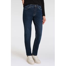 Gerade Jeans MAC "MELANIE dragon-fly", Damen, Gr. 34, L&auml;nge 30, blau (new basic wash), Denim/Jeans, Obermaterial: 98% Baumwolle, 2% Elasthan, Abriebeffekte, figurbetont kn&ouml;chellang, Jeans, Dekoratibe Nietendetails auf der hinteren Tasche