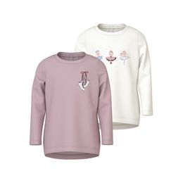 Langarmshirt name it "NMFVIX 2P LS TOP", Mädchen, Gr. 104, cloud dancer pack:keepsake lila paris, Jersey, Obermaterial: 95% Baumwolle, 5% Elasthan, bedruckt, regular fit normal, Rundhals, Shirts