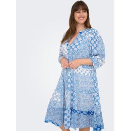 Tunikakleid Only CARMAKOMA "CARMILANA 3/4 DRESS WVN NOOS", Damen, Gr. 52, N-Gr, princess blau aop:mix graphic, Web, Obermaterial: 100% Viskose, bedruckt, loose fit kniebedeckend, V-Ausschnitt, elastischer Bund, Kleider, Sommerkleid
