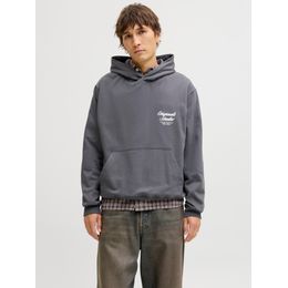 Jack & Jones Kapuzensweatshirt JACK & JONES "JORNORREBRO TYPO BACK SWEAT HOOD SN", Herren, Gr. L, asphalt, angeraute Sweatware, Obermaterial: 89% Baumwolle, 11% Polyester, bedruckt, relaxed fit normal, ohne Ausschnitt, Rippb&uuml;ndchen, Sweatshirts, mit Print