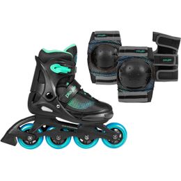 Inlineskates Playlife "Playlife Joker" Gr. 37,5, blau (blau, schwarz), Inlineskates_Rollschuhe, Kinder, 37,5/40 (bis 50 kg), Kunstfaser, mit Schutz Set bestehend aus Knie-, Ellenbogen-, Handgelenksch&uuml;tzern