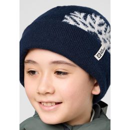 Beanie Jack Wolfskin "PALAJA BEANIE K", Jungen, Gr. onesize, blau (night, blau), Hauptmaterial: 55% Polyester recycled, 45% Polyester; Kontrast: 100% Polyester, Mützen