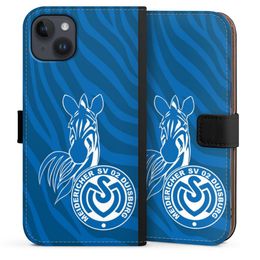 DeinDesign iPhone 14 Plus Handy Klapph&uuml;lle Handyh&uuml;lle aus Kunst Leder schwarz Flip Case Merchandise Msv Duisburg Zebra Sideflip mit langer Lasche