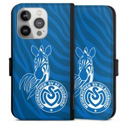 DeinDesign iPhone 14 Pro Handy Klapph&uuml;lle Handyh&uuml;lle aus Kunst Leder schwarz Flip Case Merchandise Msv Duisburg Zebra Sideflip mit langer Lasche