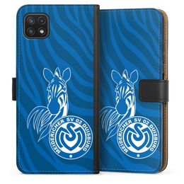 DeinDesign Galaxy A22 5G Handy Klapph&uuml;lle Handyh&uuml;lle aus Kunst Leder schwarz Flip Case Merchandise Zebra Msv Duisburg Sideflip mit langer Lasche