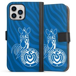 DeinDesign iPhone 13 Pro Max Handy Klapph&uuml;lle Handyh&uuml;lle aus Kunst Leder schwarz Flip Case Merchandise Msv Duisburg Zebra Sideflip mit langer Lasche