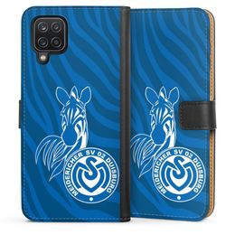 DeinDesign Galaxy A12 Handy Klapph&uuml;lle Handyh&uuml;lle aus Kunst Leder schwarz Flip Case Merchandise Zebra Msv Duisburg Sideflip mit langer Lasche
