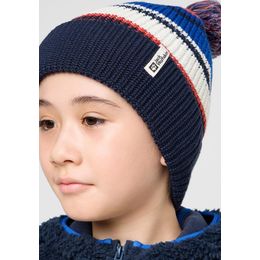 Bommelmütze Jack Wolfskin "POMPOM BEANIE KIDS", Jungen, Gr. onesize, blau (night, blau), Obermaterial: 99% Polyester, 1% Elastan; Kontrast: 99% Polyester, 1% Elastan; Futter: 100% Polyester, Mützen