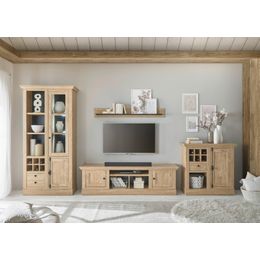 Wohnwand Home Affaire "Cornwall, Anbauwand im Landhausstil, Wohnzimmer-Set, Eiche Dekor", braun (eiche), B:424cm H:214cm T:42cm, Holzwerkstoff, Kastenmöbel-Sets, enthält Vitrine, Lowboard, Kommode, Wandboard, 424 cm breit