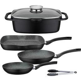 GSW Topf-Set »Gourmet Granit« Set, 1 Bräter, 1 Grillpfanne Ø 28cm, je 1 Bratpfanne Ø 20/24cm, 1 Kochzange, 5 Stk. tlg. Aluminiumguss schwarz