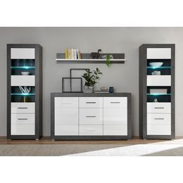 Wohnwand Inosign "Etero", grau (schwarz concret, weiß mdf hochglanz, applikation schwarz concret), B:314cm, Kastenmöbel-Sets