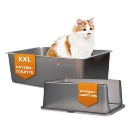 Lucky Kitty XXL Katzentoilette mit Haube &ndash; Edelstahl natur