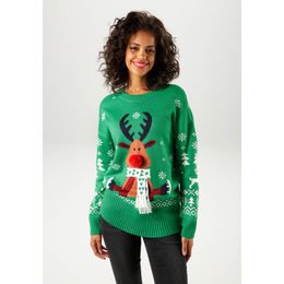 Aniston CASUAL Weihnachtspullover mit Bommel-Nase und Fransenschal grün-weiß-hellbraun-rost-marine 40 40 Damenpullover im Ugly Christmas -Style