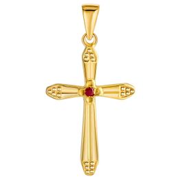 Kreuzanhänger Firetti "Schmuck Geschenk Gold 375 Halsschmuck Anhänger Halskette Kreuz", gold (gelbgoldfarben, rot, rot), Schmuckanhänger, Damen, Gelbgold 375, 0,75 g, mit Rubin