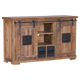 Landscape Sideboard, Natur, Schwarz, Metall, Mangoholz, massiv, 3 F&auml;cher, 2 Schublade(n) Schubladen, 145x85x45 cm, Typenauswahl, Beim&ouml;bel erh&auml;ltlich, Holzm&ouml;bel, Kleinm&ouml;bel Holz, Holzkommoden, Sideboards Holz