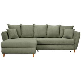 CARRYHOME Ecksofa, Salbeigr&uuml;n, Textil, Eiche, massiv, 3-Sitzer, F&uuml;llung: Schaumstoff, Ottomane links, seitenverkehrt montierbar, L-Form, 284x162 cm, Made in EU, Liegefunktion, R&uuml;cken echt, Wohnzimmer, Sofas & Couches, Wohnlandschaften, Ecksofas