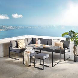 Ambia Garden Dining-Loungeset, Anthrazit, Schwarz, Metall, Glas, Textil, 16-teilig, F&uuml;llung: Schaumstoff,Faserb&auml;llchen, L-Form, 245x172 cm, Tische mit Glasplatte, Loungem&ouml;bel, Gartenlounge-Sets