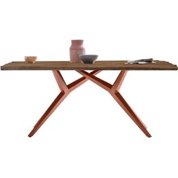 Esstisch Sit, beige (natur, antikbraun, antikbraun, natur), B:200cm H:73,5cm T:100cm, Platte recyceltes Teak, Gestell Metall, Tische, mit Bruchkante