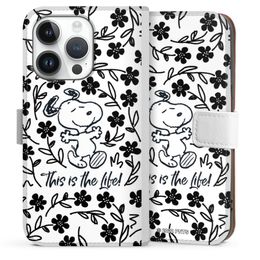 DeinDesign iPhone 14 Pro Handy Klapph&uuml;lle Handyh&uuml;lle aus Kunst Leder wei&szlig; Flip Case Peanuts Flowers Snoopy Sideflip mit Lasche