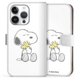 DeinDesign iPhone 14 Pro Handy Klapph&uuml;lle Handyh&uuml;lle aus Kunst Leder wei&szlig; Flip Case Snoopy Love Peanuts Sideflip mit Lasche