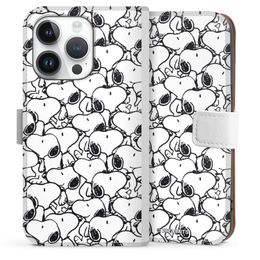 DeinDesign iPhone 14 Pro Handy Klapph&uuml;lle Handyh&uuml;lle aus Kunst Leder wei&szlig; Flip Case Peanuts Snoopy Muster Sideflip mit Lasche