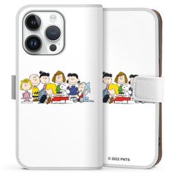 DeinDesign iPhone 14 Pro Handy Klapph&uuml;lle Handyh&uuml;lle aus Kunst Leder wei&szlig; Flip Case Merchandise Kindheit Peanuts Sideflip mit Lasche